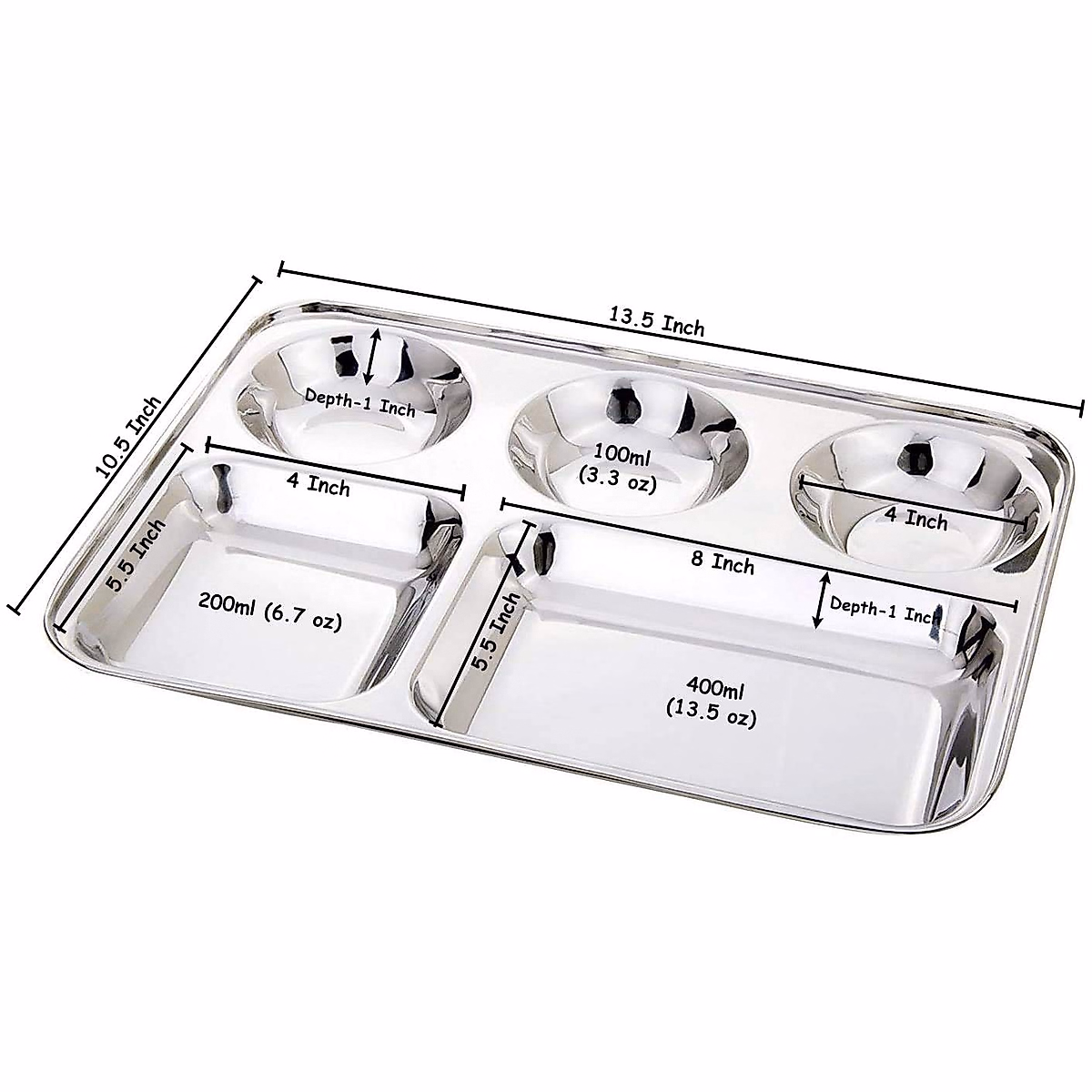 Khandekar Stainless Steel Five Compartment Rectangle Plates, Dinner Plate Set of 4 - Silver