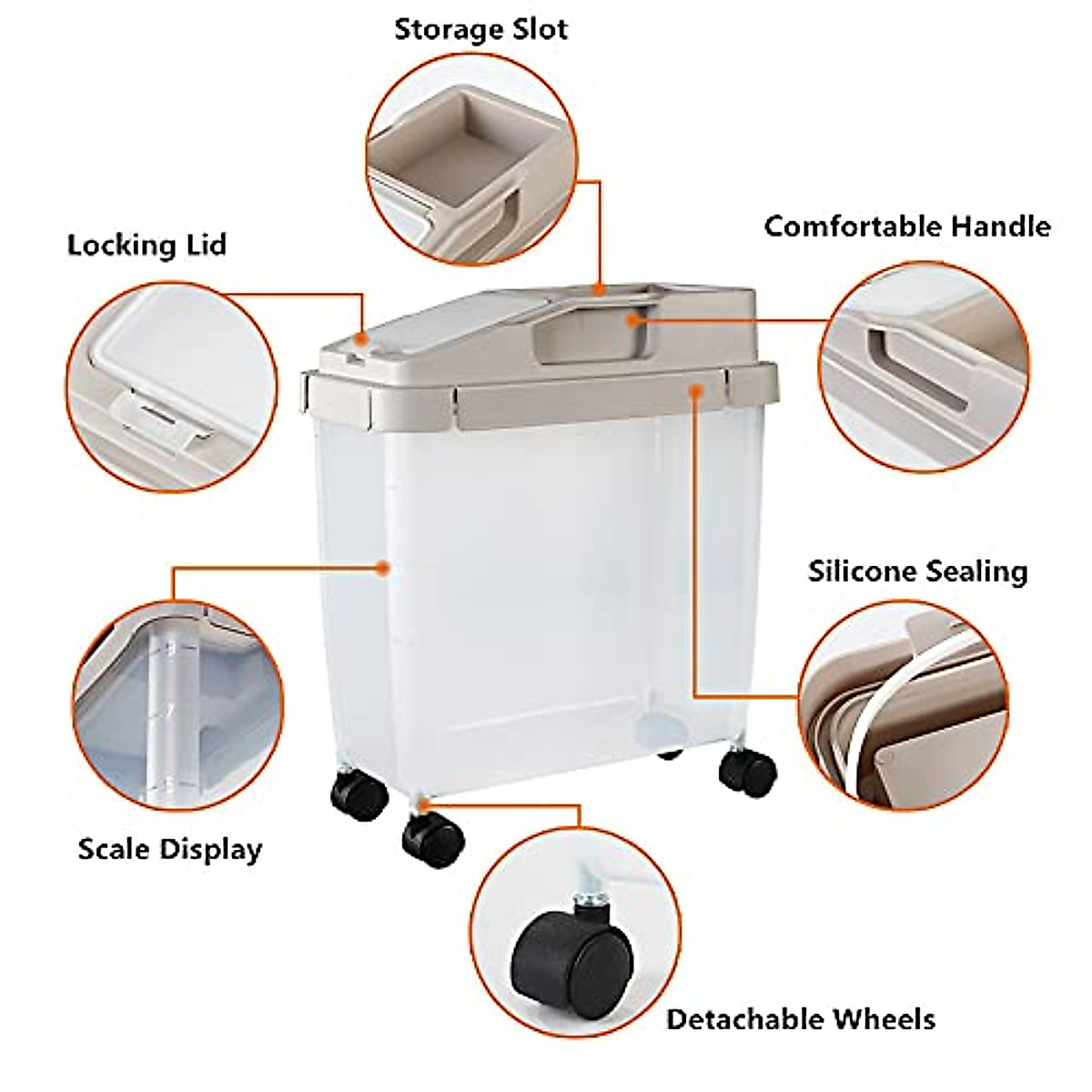 Zaop 20Lbs Airtight Rice Container with Detachable Wheels Dry Food Cereal Beans Storage Container,Sealed 12Lbs Cat Dog Pet Food Bin Tank,Coffee,16JEJDZE30C52TEXT