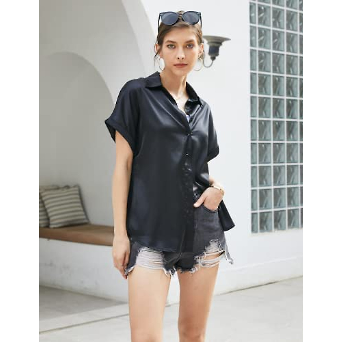 Chigant Silk Blouse Short Sleeve Button Down Shirts Satin V-Neck Tunic Top Black