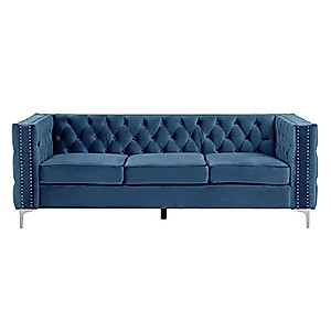 Morden Fort Sofas for Living Room, 85" Blue Chesterfield Sofa with Button Tufted & Nailhead Trim, Classic Velvet Upholstered Sofa for Office, Apartment, Home