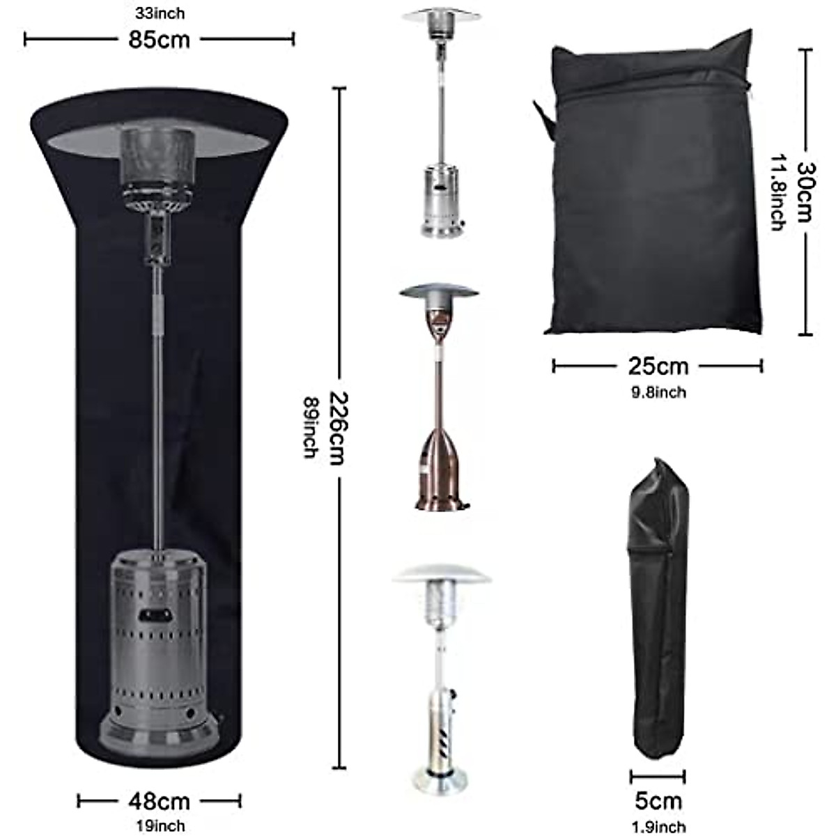 Patio Heater Cover with Zipper, Standup Outdoor Heater Covers Waterproof for Home Garden Outdoor Courtyard, Windproof Anti-UV Snow-Proof Dust-Proof,89'' H x 33" D x 19" B, Black