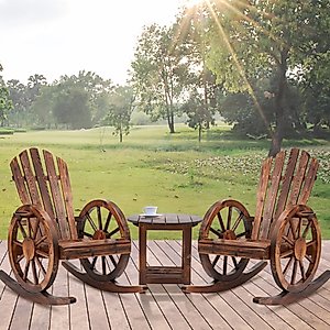 Spurgehom 3 Pieces Outdoor Wood Rocking Chair Set, 2 Patio Decor Yard Glider Rocking Chairs with 1 Side Table, Adirondack Rocking Chair for Porch Lawn Garden Balcony Poolside, Brown