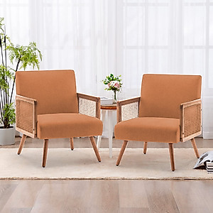 SHINEBOOM Accent Chair with Rattan Arms, Upholstered Mid Century Modern Chair for Bedroom Living Room Reading Chairs Rattan Armchair, Linen Comfy Lounge Chairs Side Chair, Orange