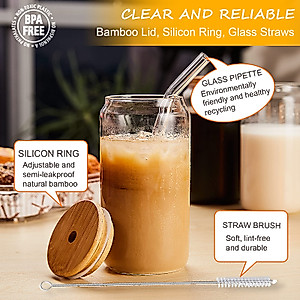 Yirilan 4pcs Glass Cups with Lids and Straws - 16 oz Glass Cups with Bamboo Lids, Iced Coffee Cup, Drinking Glasses, Clear Glass Cups- 2 Cleaning Brushes