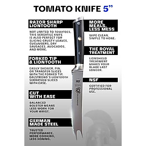 Dalstrong Tomato Slicing Knife - Gladiator Series Elite - 5" - Serrated Utility - German High Carbon Steel - Black Handle - Sheath Included - NSF Certified