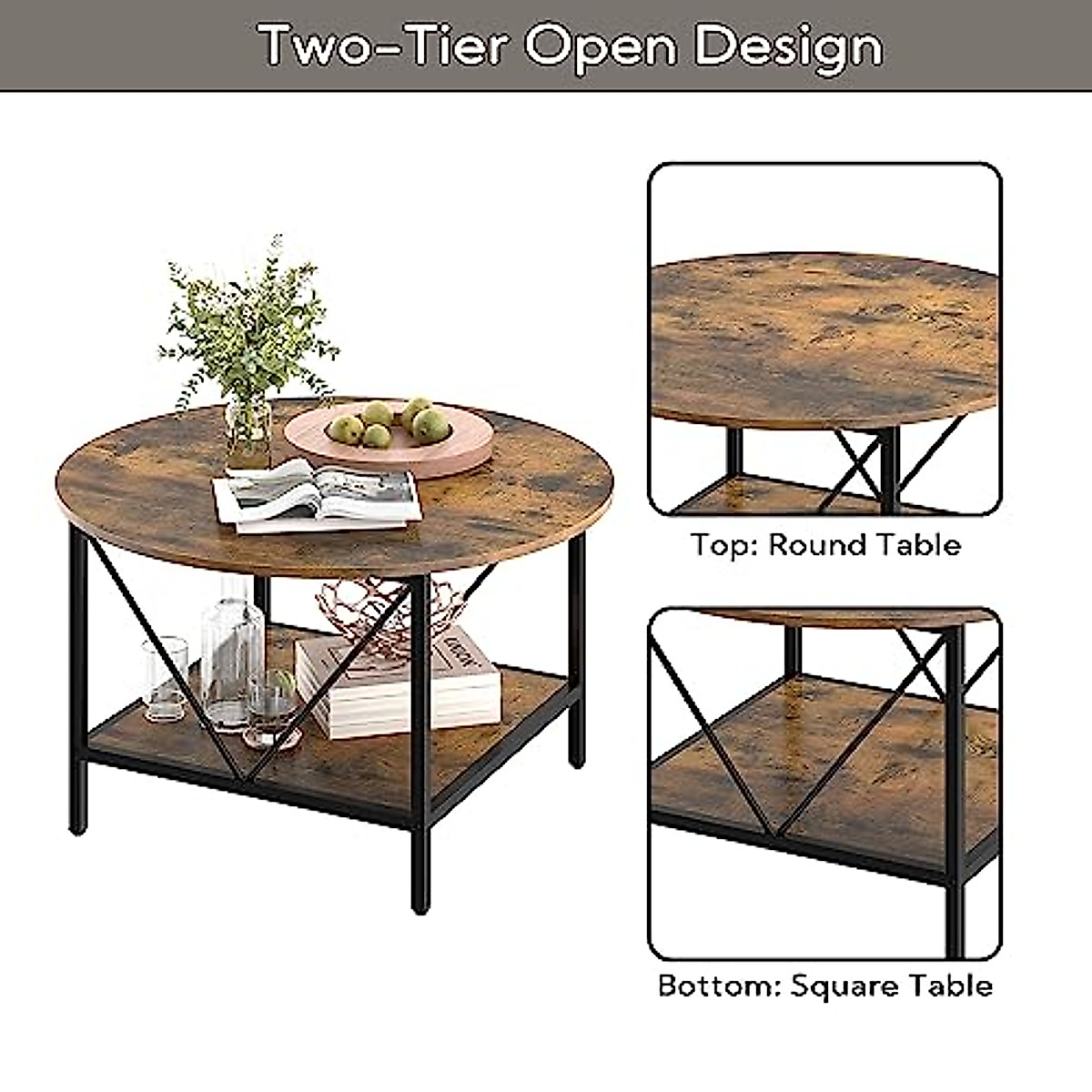 Yusong Round Coffee Table for Living Room, Farmhouse Circle 32 Inch Coffee Tables with Storage Shelf, 2-Tier Modern Center Table Easy to Assemble, Rustic Brown and Black