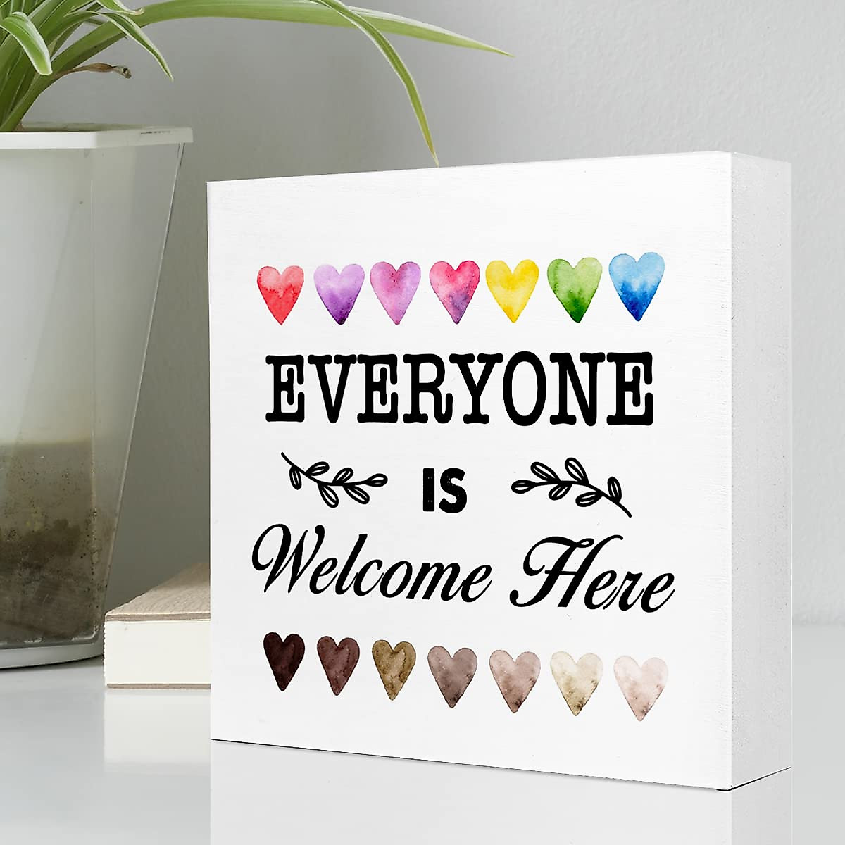 Everyone Is Welcome Here Wooden Box Sign Desk Decor,Classroom Welcome Sign,Back to School Welcome Sign,Welcome Sign for Classroom Shelf Decor