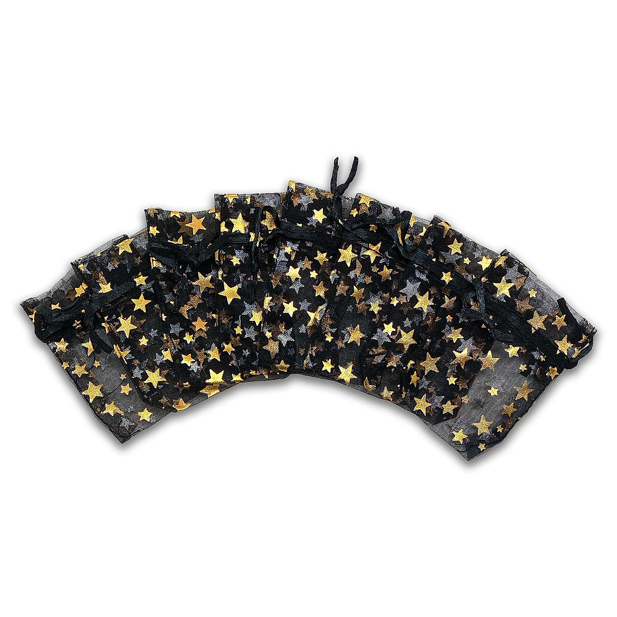 TheDisplayGuys 100-Pack 2" x 2-3/4" Sheer Organza Gift Bags with Drawstring (X-Small) - Metallic Stars (Black/Black) - for Wedding Party Favors, Jewelry, Candy, Treats Mesh Pouch