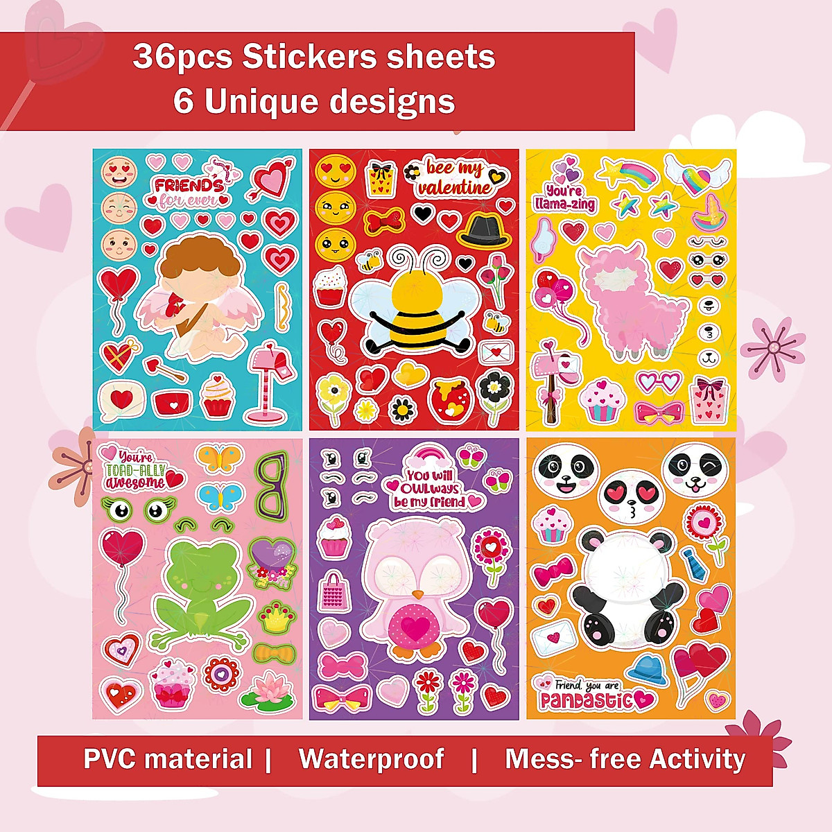 Valentines Day Crafts for Kids Valentine Stickers 36 pcs Sheets, DIY Valentine's Cards, Art Kit for Girls, Boys or Toddler, Perfect for Party Games, School Activities Supplies, Classroom Decoration