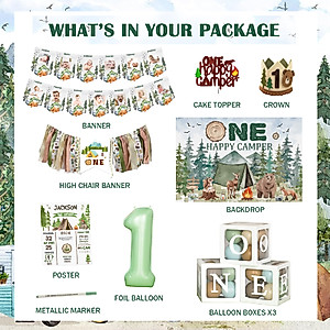 Hombae One Happy Camper Birthday Decorations, First Birthday Decorations, Camping 1st Birthday Party Decor, Green Backdrop Balloon Banner Cake Topper Crown Poster Cutout Balloon Boxes 114 PCs