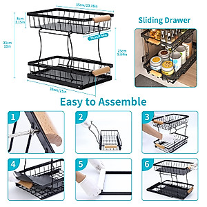 RAOHEVU Under Sink Organizers and Storage, Sliding Under Cabinet Organizer, 2 Tier Bathroom Under Sink Organizer for Kitchen with Wooden Handle