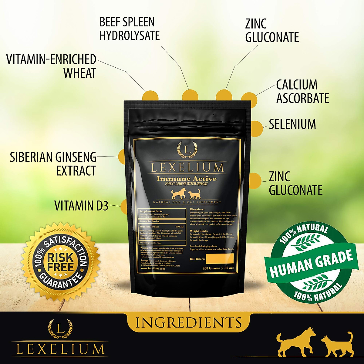Lexelium Immune Support for Cats and Dogs - Natural Immunity Supplement Powder Helps Detoxify and Protect Your Pets from Digestive, Respiratory and Skin Issues - Helps with Chronic Infections - 200g