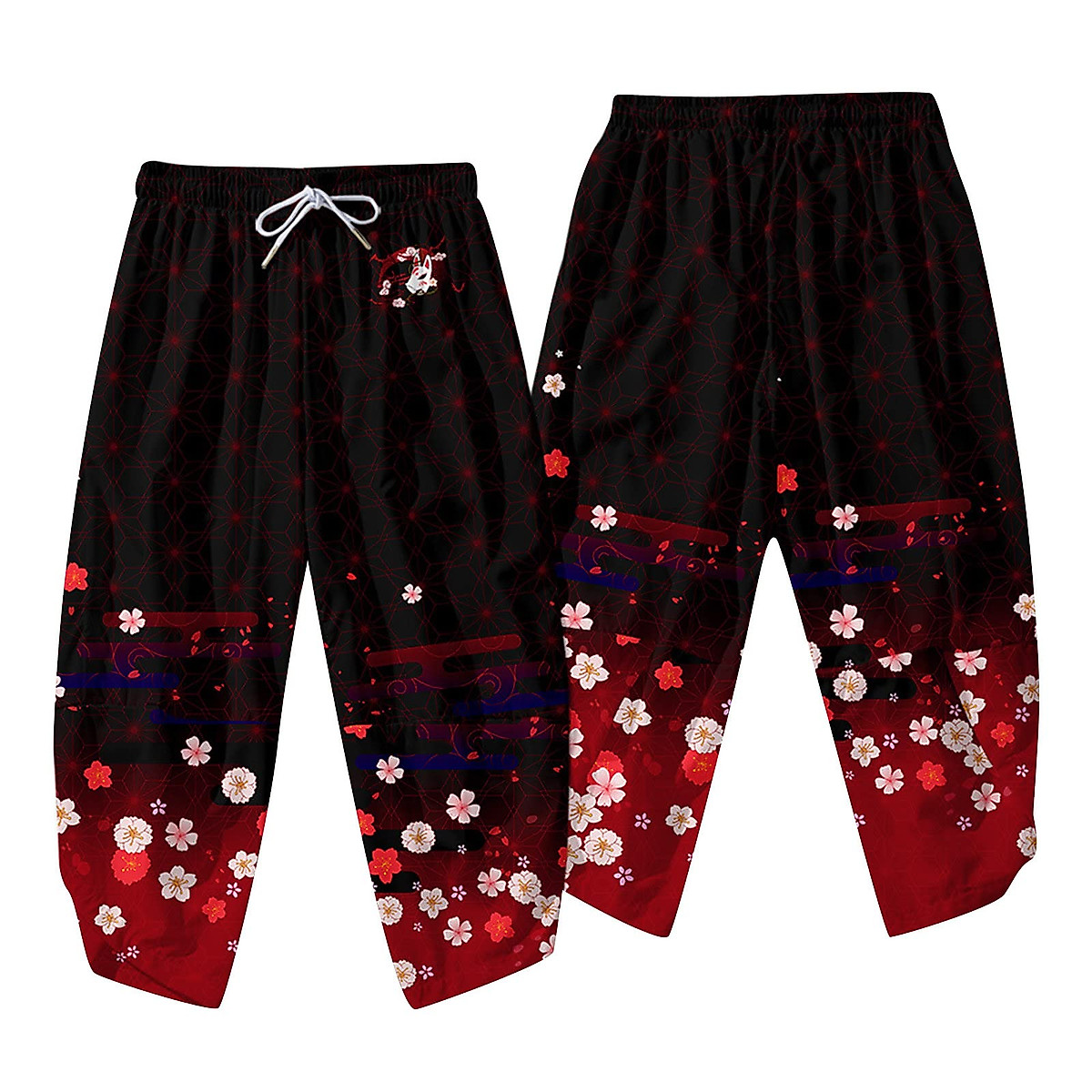 Mens Japanese Kimono Coat Suits Loose Open Front Seven Sleeve Kimono Cardigan Jacket with Shorts Plus Size(Red,Medium)