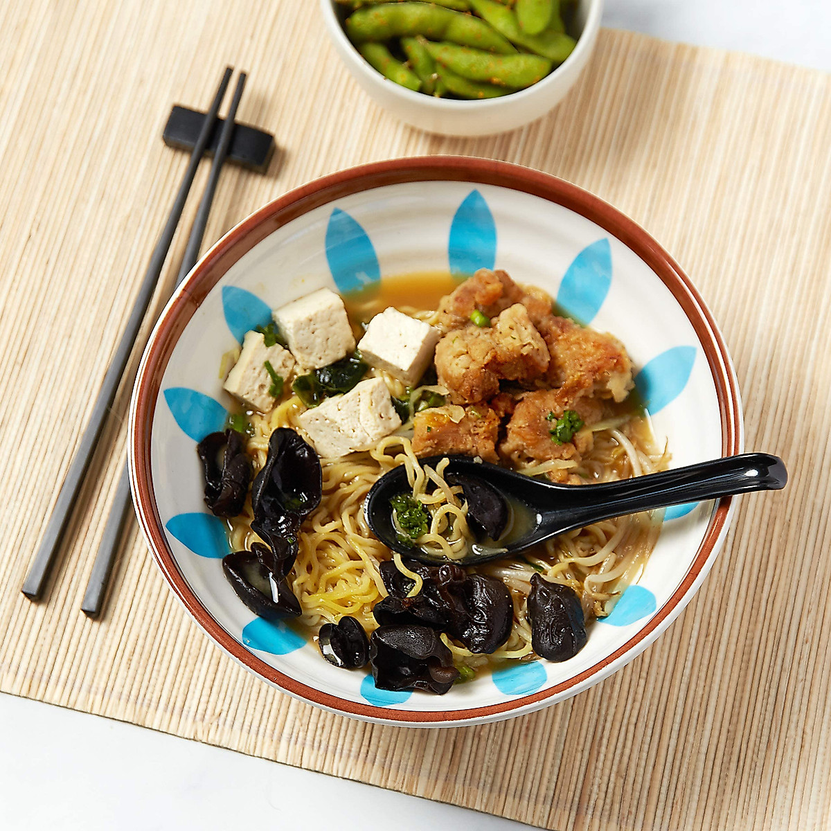 Nytana Japanese Style Large Ramen Bowl Set 60 Oz (10 Piece), 9 and Chopsticks with Spoons and Wood Stand, Ramen Noodle Bowls, Melamine Japanese Miso, Pho, Asian Cuisine, White, Blue, Brown