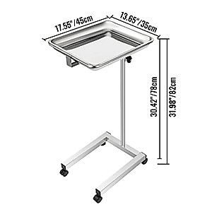 VEVOR Lab Cart Stainless Steel Mayo Tray Stand 18x14 Inch Trolley Mayo Stand Adjustable Height 32-51 Inch Instrument Tray with Removable Tray & 4 Omnidirectional Wheels for Home Equipment Personal Car