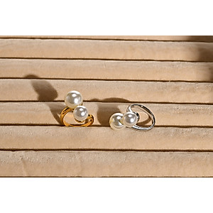 Double Simulated Pearl Wrap Ring: Gold Plated Stainless Steel Large Statement Ring for Women, Size 7