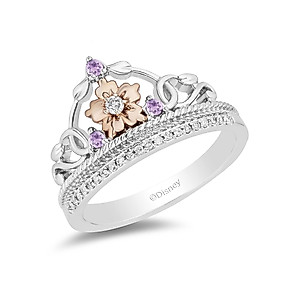 Jewelili Enchanted Disney Fine Jewelry 14K Rose Gold Over Sterling Silver 2.0 MM Round Rose-de-France and 1/10 Cttw Natural White Round Diamonds Rapunzel Ring Size 7