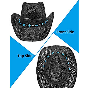 BESOOGII Straw Beach Cowboy Hat for Women Shapeable Brim Western Cowgirl Hat (US, Alpha, One Size, Black)