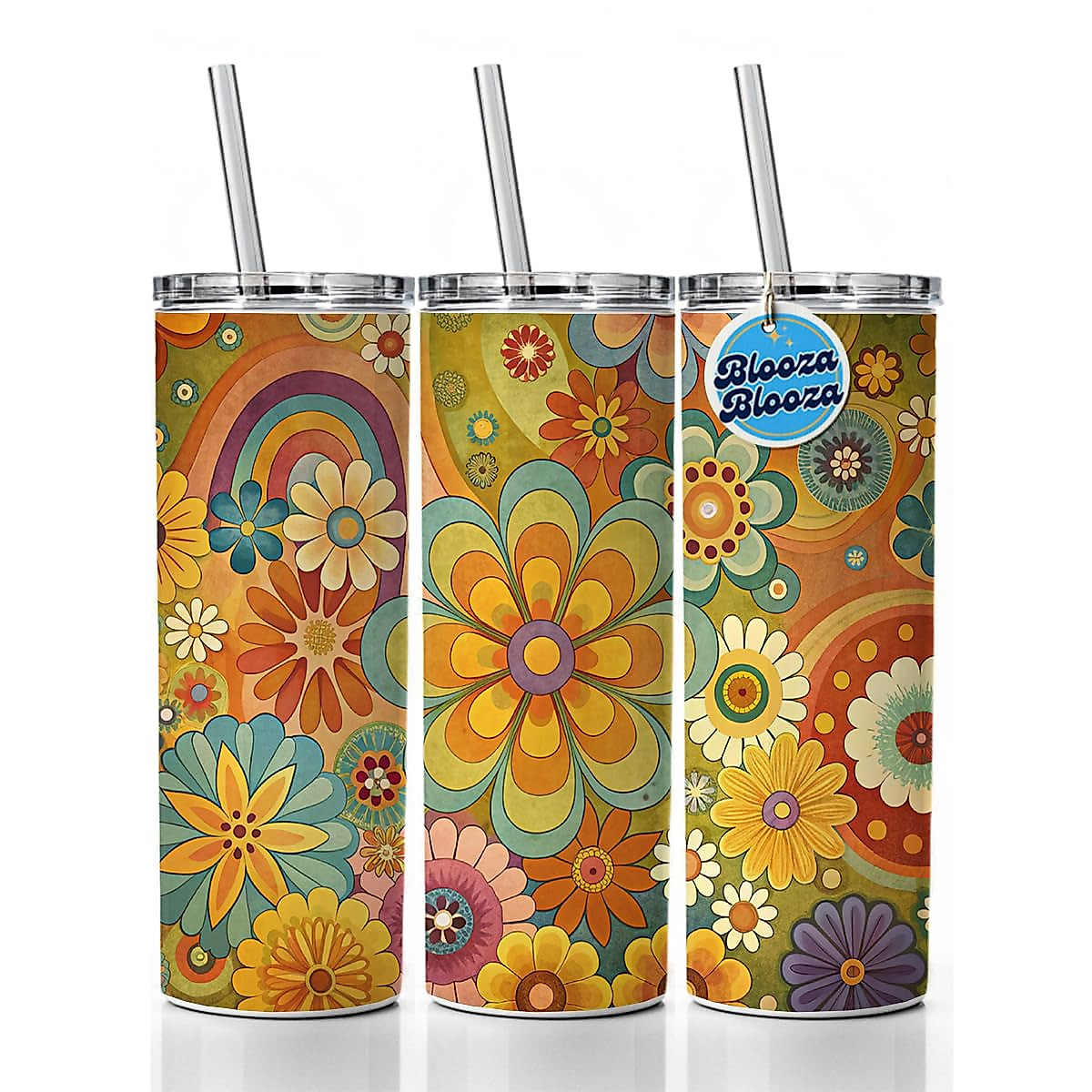 70's Retro Groovy Hippie Pretty Floral Design Skinny Tumbler 20oz with Straw Insulated Water Bottle Gift