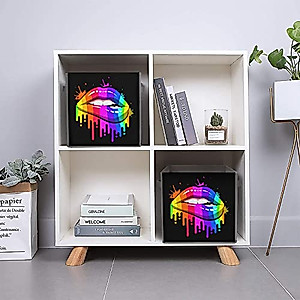 Gay Homosexual Lesbian Rainbow Lips Foldable Storage Bins Printd Fabric Cube Baskets Boxes with Handles for Clothes Toys, 11x11x11