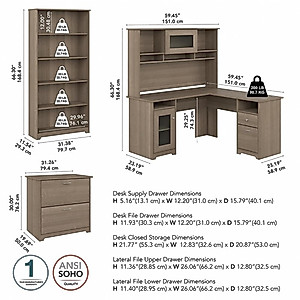 Bush Furniture L Shaped Desk with Hutch, 5 Shelf Bookcase and Lateral File Cabinet | Cabot Collection Corner Computer Table with Storage and Bookshelf | 60Wx23DX37W
