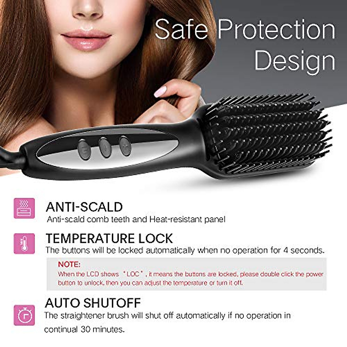 JUMPHIGH Hair Straightener Brush, Ionic MCH Ceramic, Anti-Scald, Auto Temperature Lock, Portable, Dual Voltage for Home and Travel