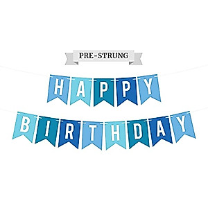 Pre-Strung Happy Birthday Banner - No diy - Blue Birthday Party Banner - Pre-Strung on 6 feet Strands - Blue Multi Color Birthday Party Decorations for Men, Boys & Girls. Did we mention no diy?