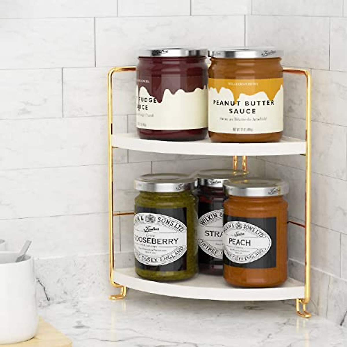 FSyueyun 2-Tier Corner Bathroom Countertop Organizer, Kitchen Spice Rack Makeup Storage Shelf Vanity Bedroom Storage Tray (Gold)