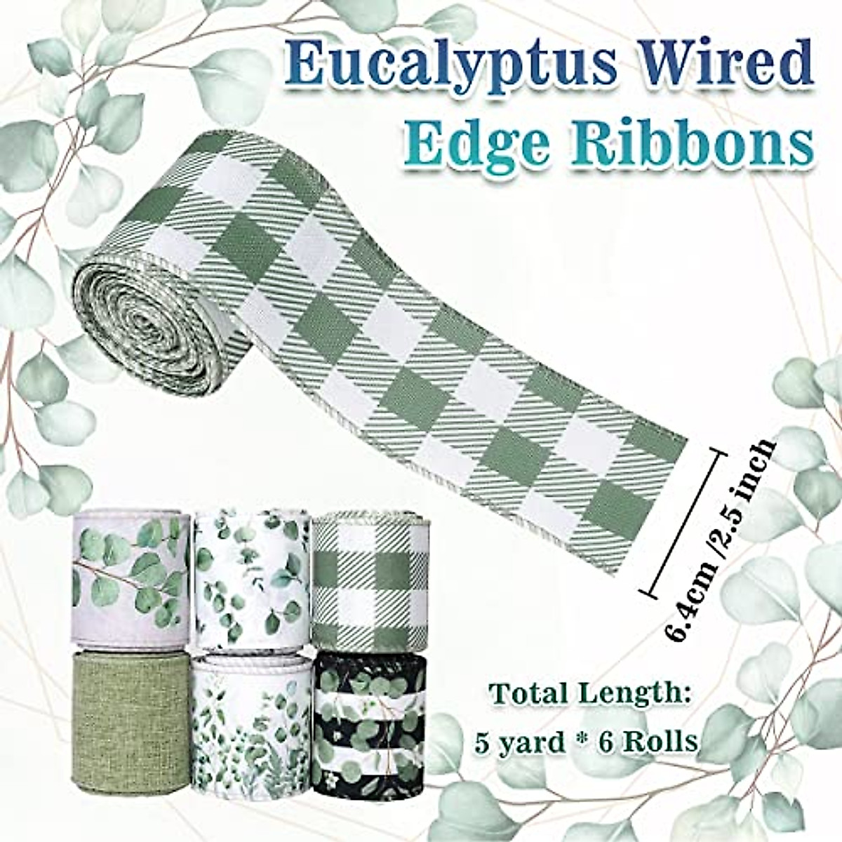 30 Yards Eucalyptus Wired Ribbon Sage Green Leaves Burlap Ribbons Greenery Decorative Ribbon Checkered Stripe Ribbon for Wedding Party Bridal Bouquets Spring Bow Wreath Making DIY Crafts