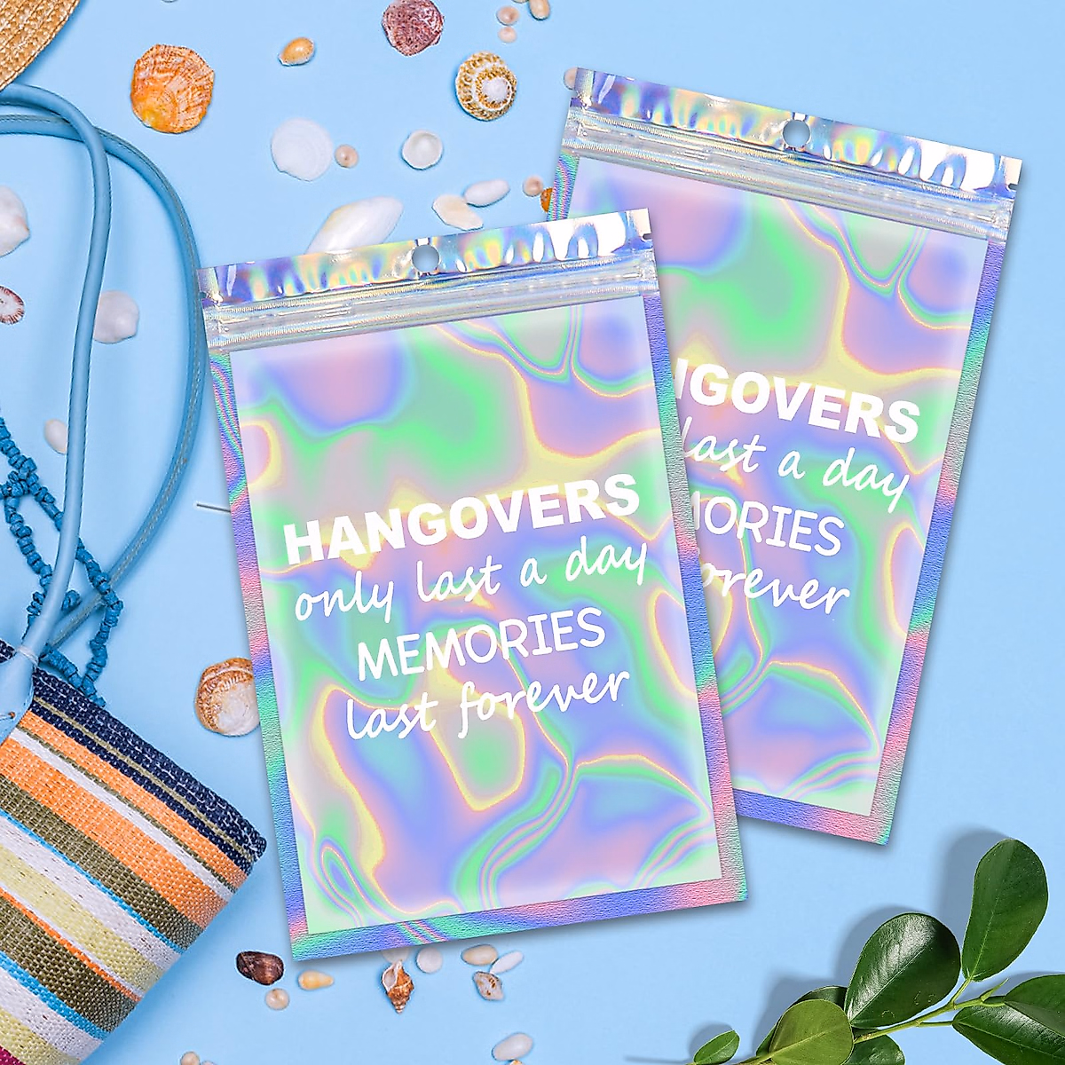 Fcuadro Hangover Kit Bags 20Pcs Holographic Hang Over Recovery Bags Bachelorette Party Supplies Gift Bags for Bridal Shower Party Favors 5X7 (HANGOVER MEMORIES)