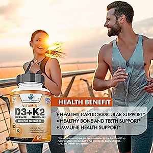 Vitamin D3 K2 (MK-7), Vitamin D3 (5000IU) + K2 (MK-7) 200mcg w/ Organic Coconut Oil, Vitamin D3 + K2, Vitamin D3 + K2, Vitamin K2 D3, Immune & Bone Health, No Fillers, Made in USA, 120 Veggie Capsule