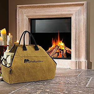 MyFirePlaceDirect Heavy Duty Waxed Canvas Log Carrier Tote Bag with Unique Embroidered Logo, Extra Large Durable Firewood Holder with Strong Comfort Handle, Heavy Duty Wood Carrying Bag Rust