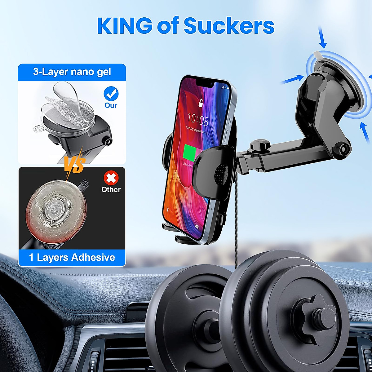 TAPMEI Car Phone Holder [Military-Grade Suction & Clip] 3 in 1 Phone Mount for Car Dashboard Windscreen Air Vent Compatible with All Cell Phones(Black)