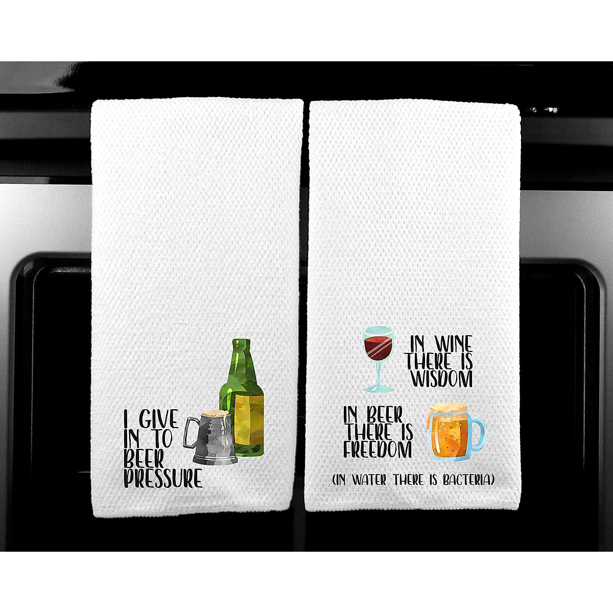 Beer Wine Bar Towels Funny Saying Kitchen Towel - Gift Set of 2