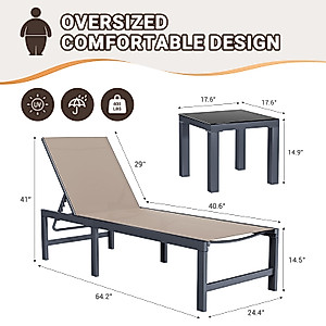 Amopatio Patio Chaise Lounge Set of 3, 24.4" Wider Outdoor Lounge Chairs with Table, Textilene Pool Chaise Lounge for Sun Tanning Lay Flat Poolside Lounger for Beach, Lawn, Brown