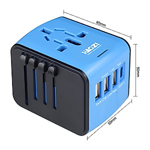 Travel Adapter, HAOZI Universal Travel Adapter - 3 USB + 1 Type C in One Travel Charger with UK/US/AUS/EU Plugs and Socket, International Power Adapter Wall Charger (Type-c Blue)