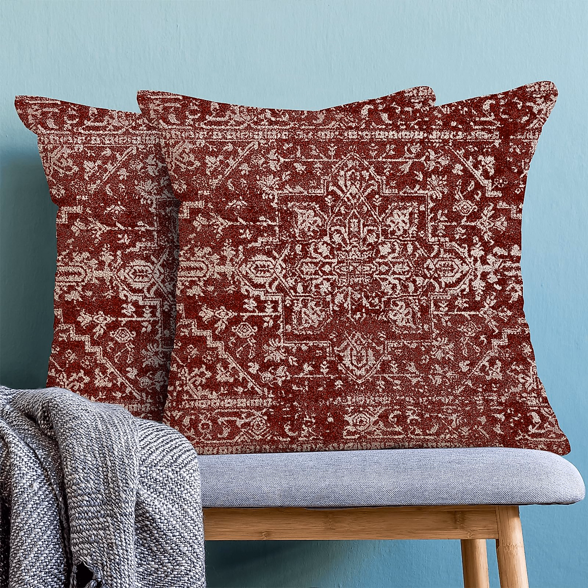 Boho Pillow Covers 20x20 Set of 2, Burgandy Red Carpet Pattern Decorative Throw Pillows Linen Ethnic Design Bohemian Farmhouse Cushion Pillow Covers for Sofa Couch Outdoor Decor
