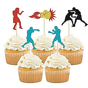 Gyufise 25 Pack Boxing Player Cupcake Toppers Black Red Blue Glitter Boxing Gloves Boxer Cupcake Picks Boxer Gym Theme Baby Shower Birthday Party Cake Decorations Supplies