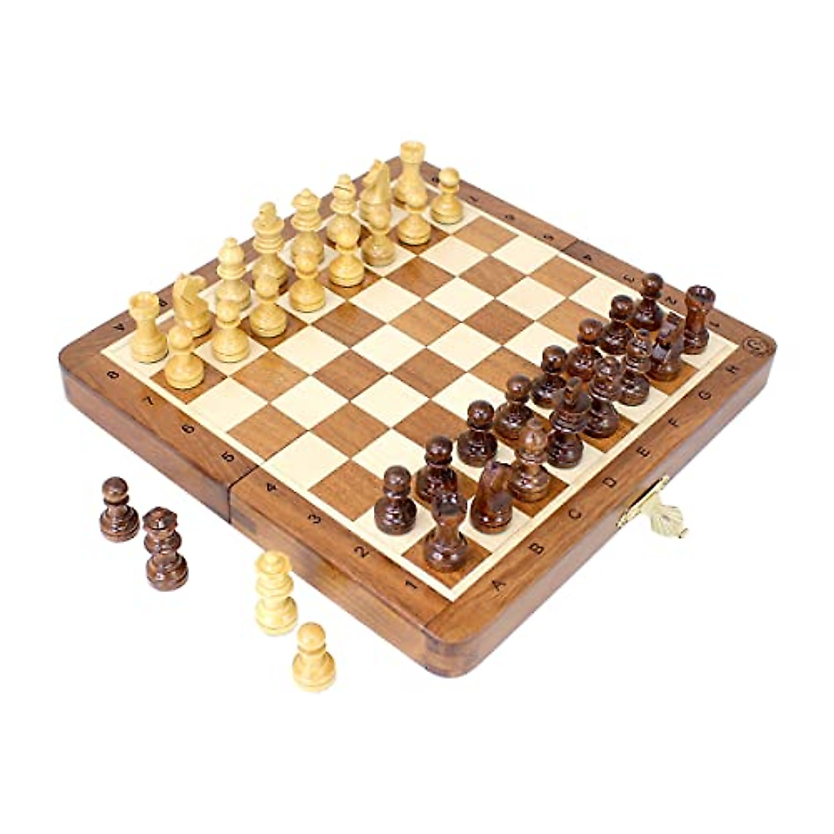 House of Chess - 8 Inch Wooden Magnetic Folding Travel Chess Set - Board with Algebraic Notation + 2 Extra Pawns & 2 Extra Queens- Handmade - Premium Quality