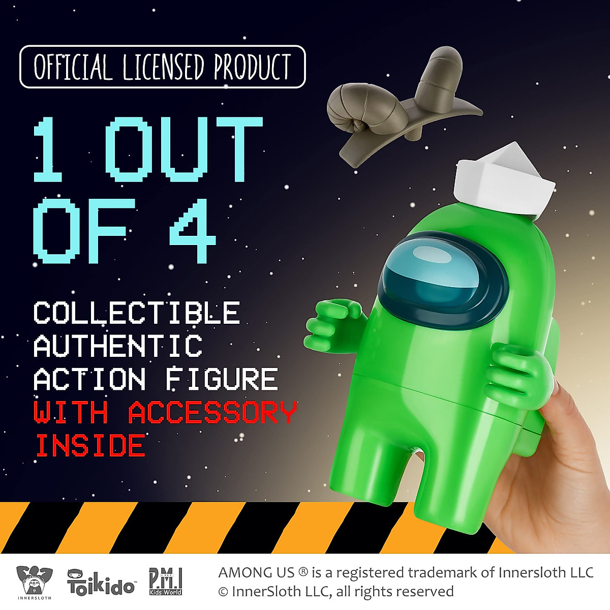 P.M.I. Among Us Action Figure | One of Four 6.7-Inch-Tall Collectibles | Among Us Toys and Playable Mini Toys | Green Crewmate in The White Folded Paper Hat with Hidden Hat and Hands | Kids’ Toys