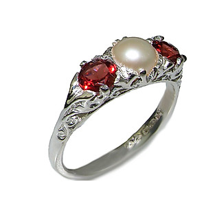 LetsBuyGold 925 Sterling Silver Cultured Pearl and Garnet Womens Band Ring - Size 7