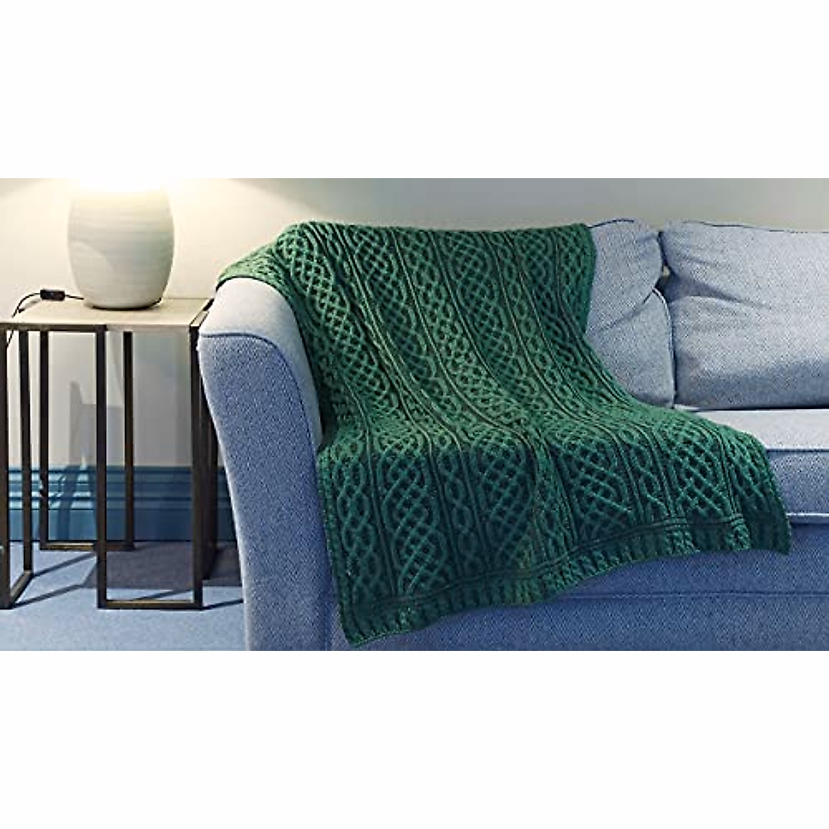 Carraig Donn Irish Cable Knit Blanket Celtic Aran Throw - 100% Merino Wool Made in Ireland - 40"x 55" (102 x 140 cm)(Kiwi/Connemara Green)