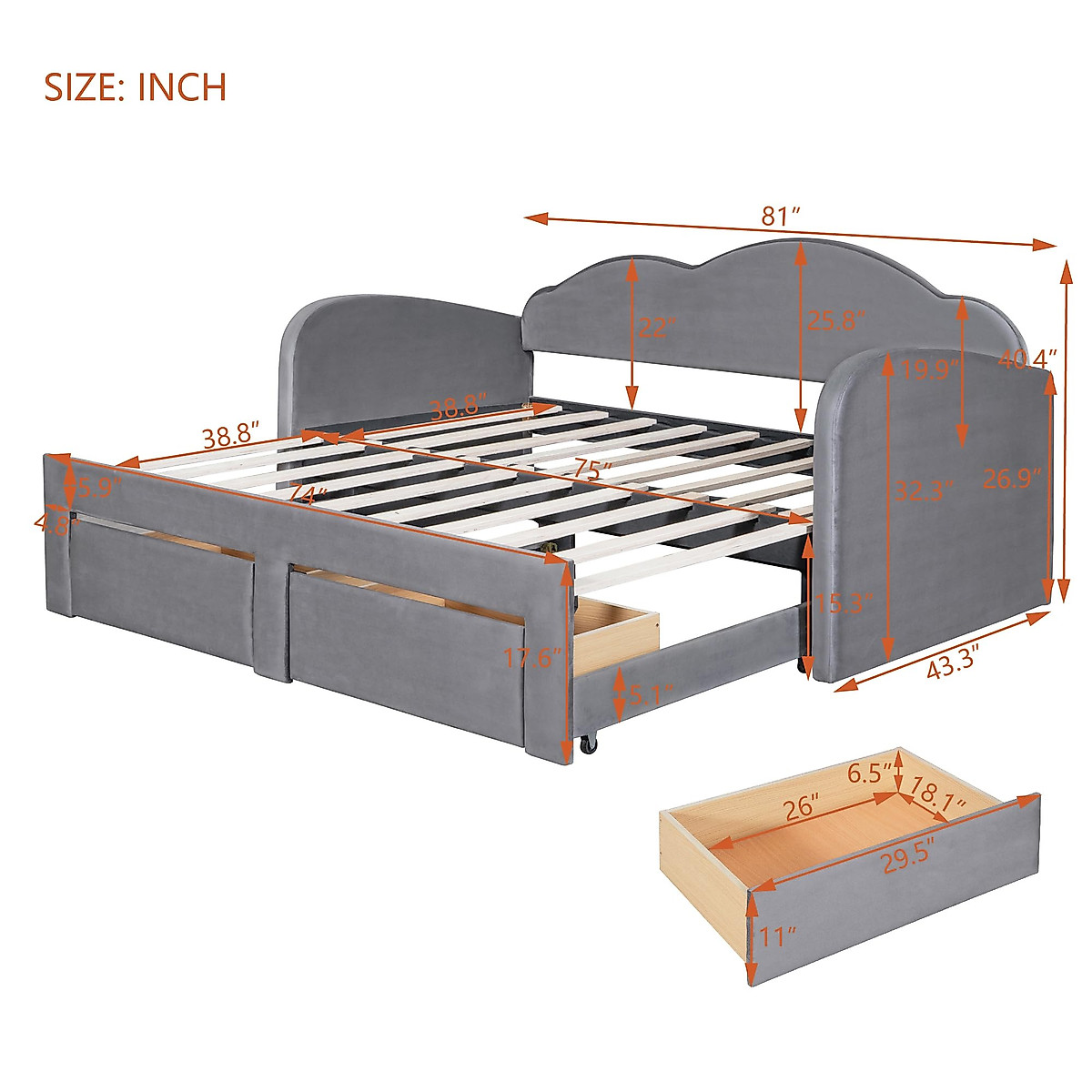XD Designs Elegant Twin to King Size Upholstered Daybed with Extendable Trundle and 2 Drawers, Velvet Upholstery Daybed Sofa Bed with Cloud-Shaped Backrest, Maximize Space (Grey-VL)