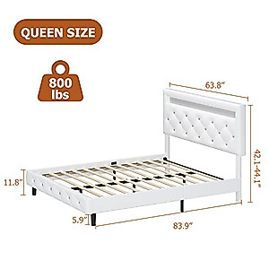 Modern Upholstered Platform Bed Frame with LED Headboard, Faux Leather Low Profile Platform Bed Frame, Strong Wood Slat Support, Adjustable Upholstered Headboard, Easy Assembly, White, Queen Size
