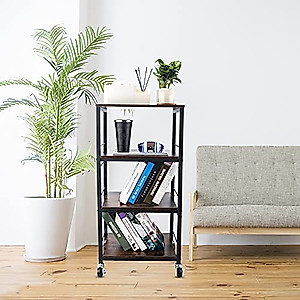 IKESOMUE Industrial Microwave Oven Stand Baker's Storage Racks Shelving Printer Rolling Utility Cart Wood Standing Shelf Units Wheels Kitchen Bathroom Bedroom Living Room Office (4 Tier) (B2201-List)