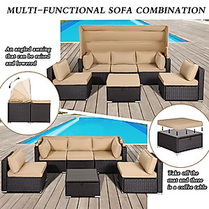 Grepatio 6 Pieces Patio Furniture Set Outdoor Daybed with Canopy Rattan Wicker Sectional Sofa Set with Adjustable Backrest Patio Day Bed Conversation Set with Cushions and Storage Table (Khaki)