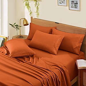Horbaunal Extra Deep Pocket Full Sheets - Fits Mattress 18-24 Inches Deep - 6 Pieces Hotel Luxury 1800 Thread Count Microfiber Sheet Set - Ultra Soft Burnt Orange Full Size Bed Sheets