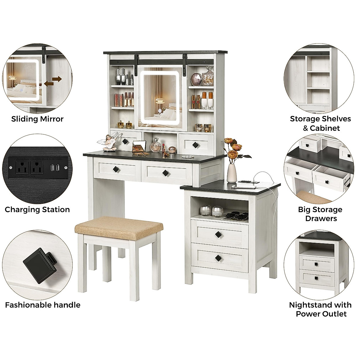 ANWBROAD Farmhouse Makeup Vanity Desk with Sliding Mirror and Lights Antique White Makeup Vanity Table Set with Charging Station Nightstand 3 Colors Lights Storage Shelves Cushioned Stool UBDT56W01