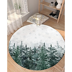 Christmas Fluffy Round Area Rug Carpets 3.3ft, Plush Shaggy Carpet Soft Circular Rugs, Non-Slip Fuzzy Accent Floor Mat for Living Room Bedroom Nursery Decor Forest Winter Pine Tree Snowflake Green