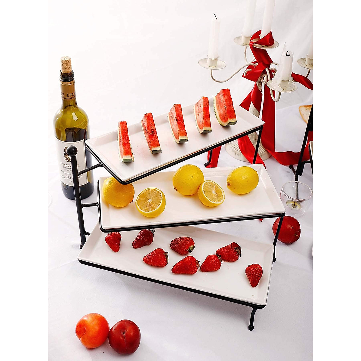 Sweese 731.101 3 Tiered Serving Stand, Foldable Rectangular Food Display Stand with White Porcelain Platters - Serving Trays, Dessert Display Server for Brithday Party, Valentine's Day and Events